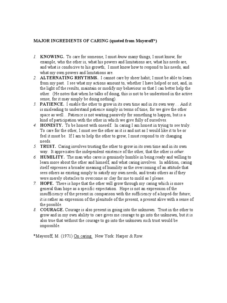 MAJOR INGREDIENTS OF CARING (Quoted From Mayeroff ) | PDF | Hope ...