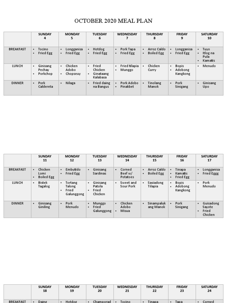 October 2020 Meal Plan | PDF | Prepared Foods | Animal Products