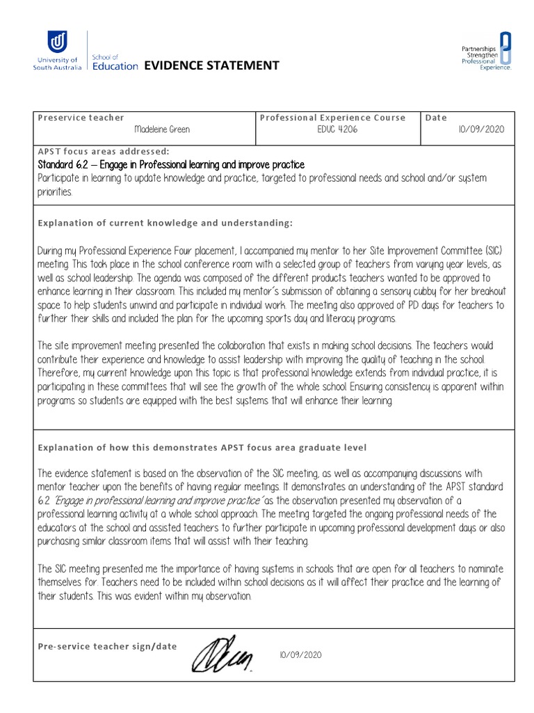 Evidence Statement: - Engage in Professional Learning and Improve ...
