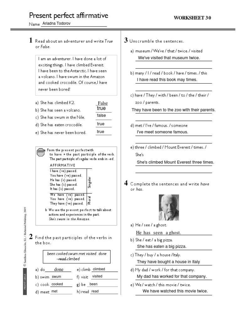 Template - Present Perfect 6th | PDF | Perfect (Grammar) | Verb