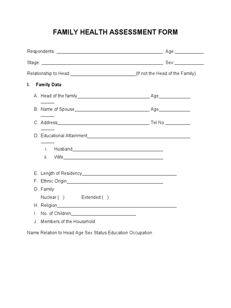 Family Health Assessment Form | PDF | Sanitation | Foods