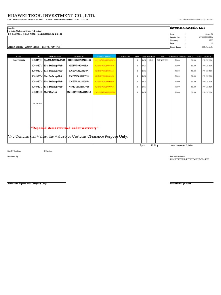 Huawei Tech. Investment Co., LTD.: No Commercial Value, The Value For ...