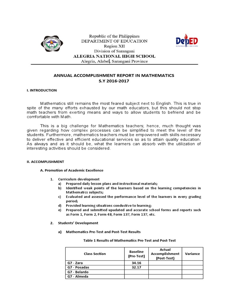 Annual Accomplishment Report in Mathematics S.Y 2016-2017 | PDF | Test ...