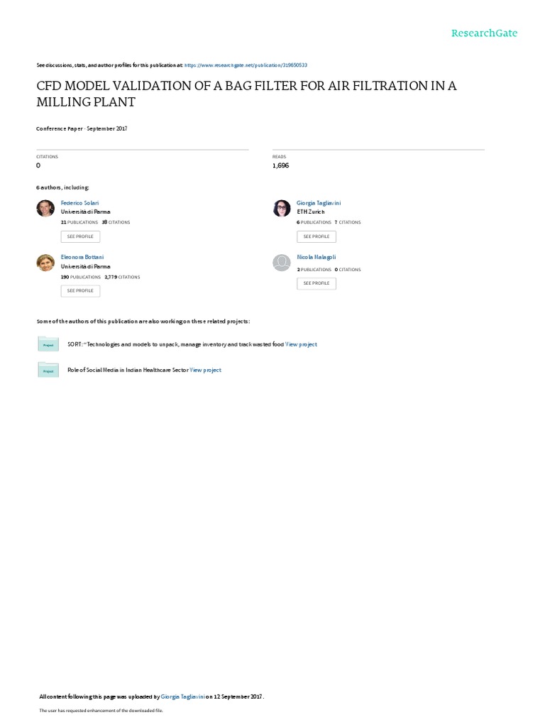 CFD Model Validation of A Bag Filter For Air Filtration in A Milling ...