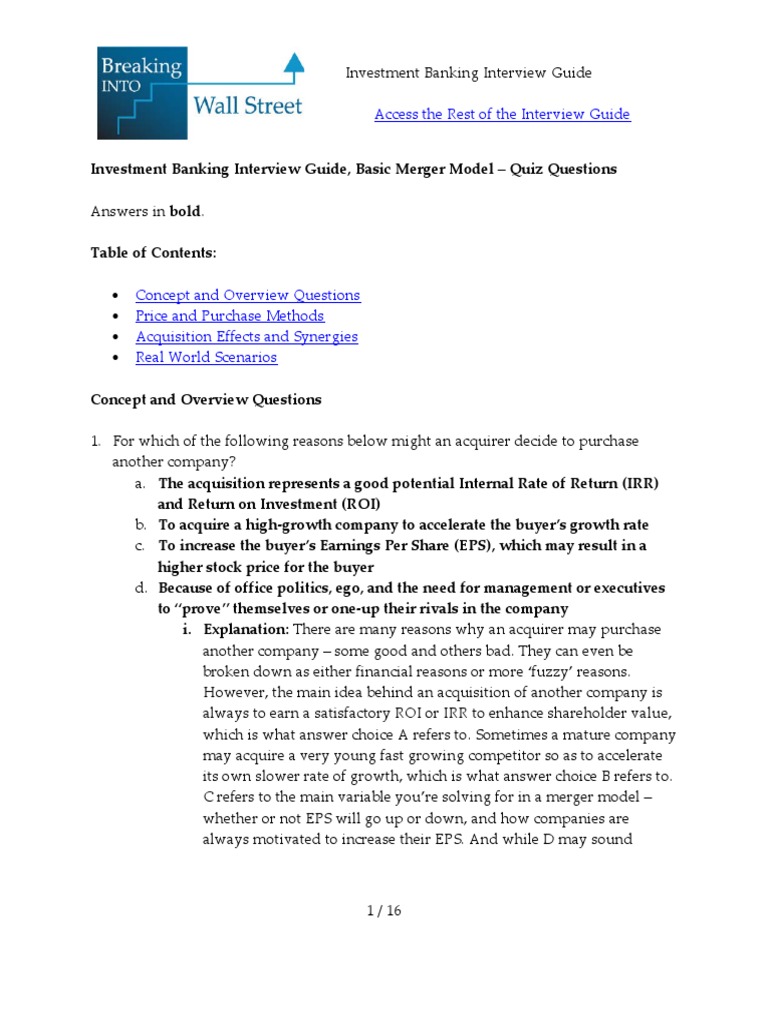 06 10 Merger Model Quiz Questions Basic PDF | PDF | Mergers And ...