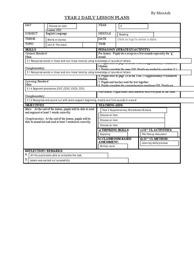 Year 2 Daily Lesson Plans: Skills Pedagogy (Strategy/Activity) | PDF ...