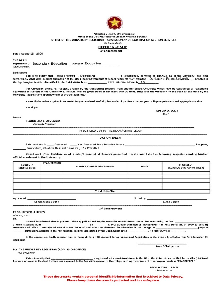 Secondary Education Education: Reference Slip | PDF | University And ...