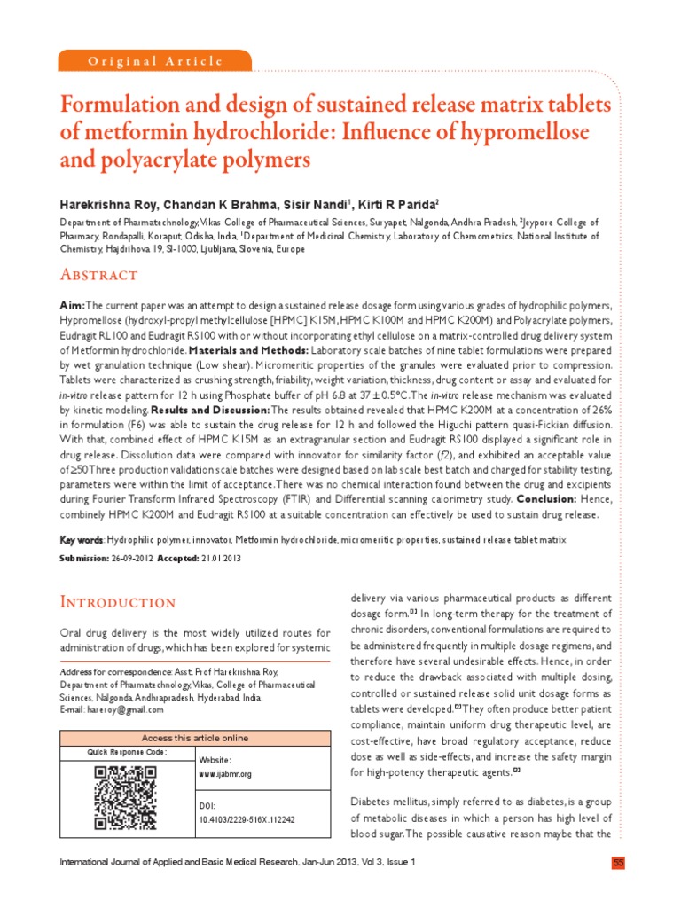 Formulation And Design Of Sustained Release Matrix Tablets Of Metformin Hydrochloride