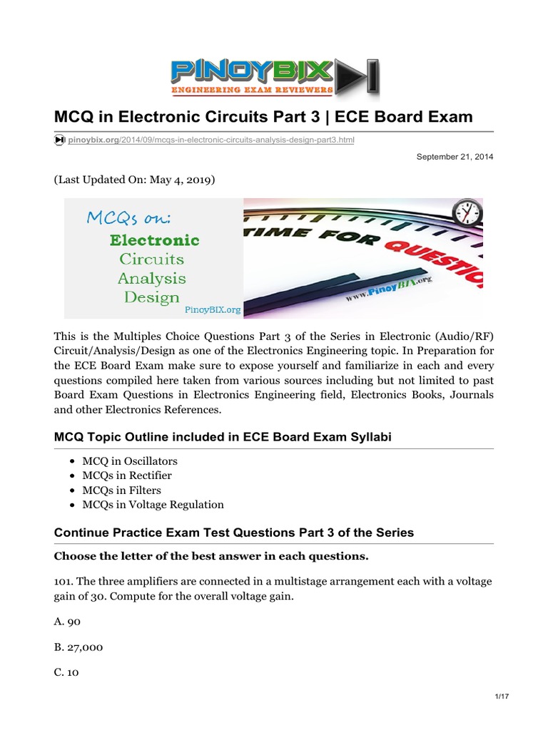 MCQ in Electronic Circuits Part 3 PDF | PDF | Amplifier | Electronic ...