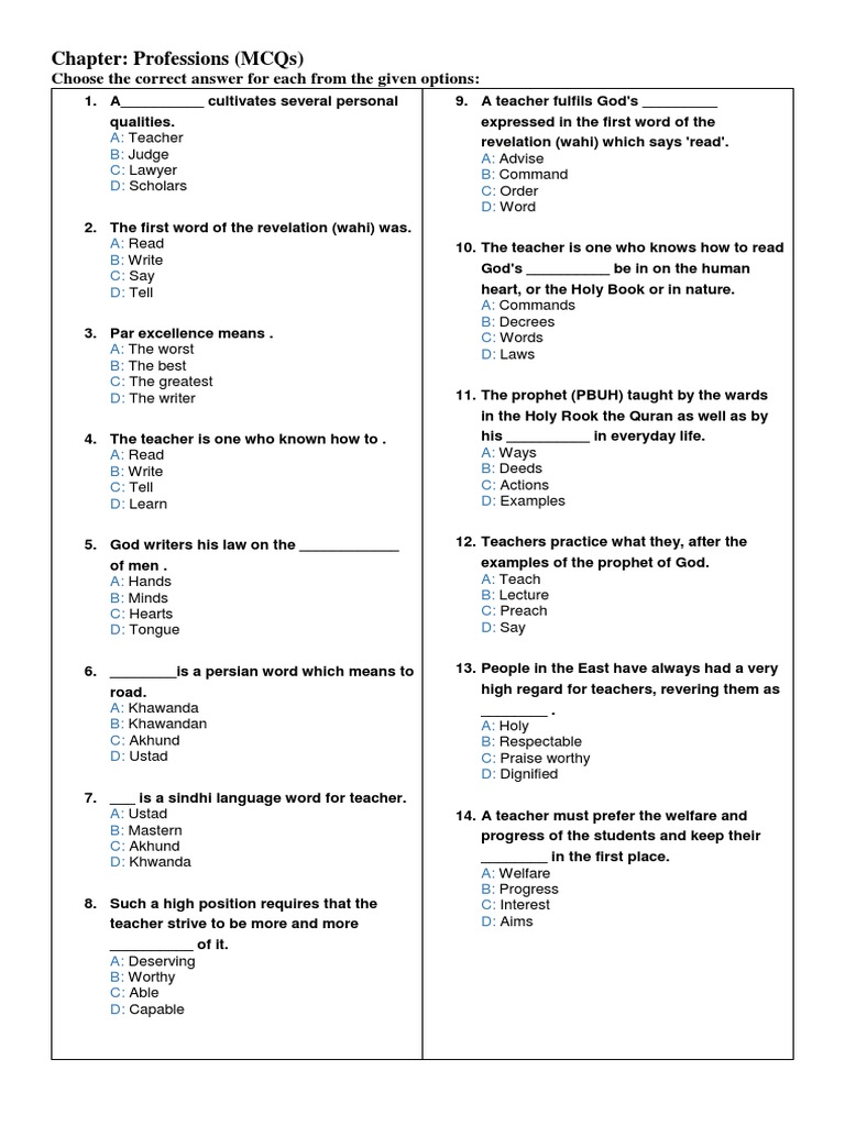 Chapter: Professions (MCQS) : Choose The Correct Answer For Each From ...