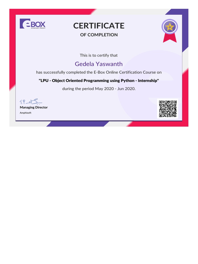 Certificate of Completion for Gedela Yaswanth's Successful Completion of the E-Box Online ...
