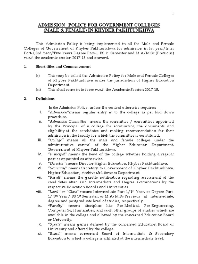 Admission Policy For Government Colleges (Male & Female) in Khyber ...