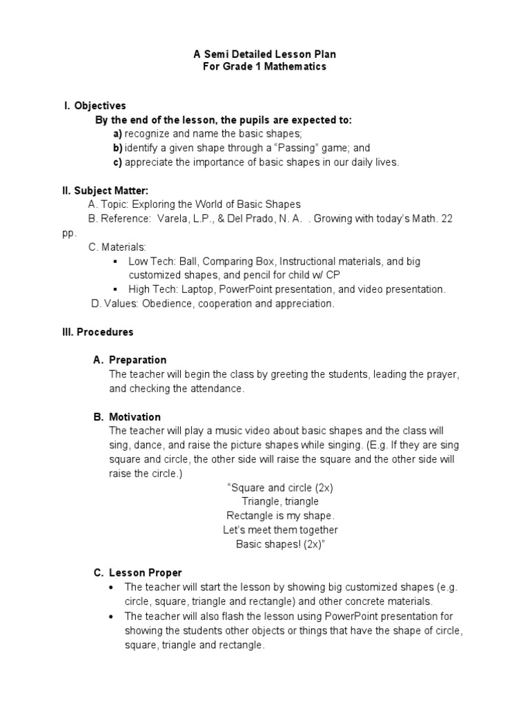 Lesson Plan in Grade 1 Mathematics | PDF | Shape | Lesson Plan