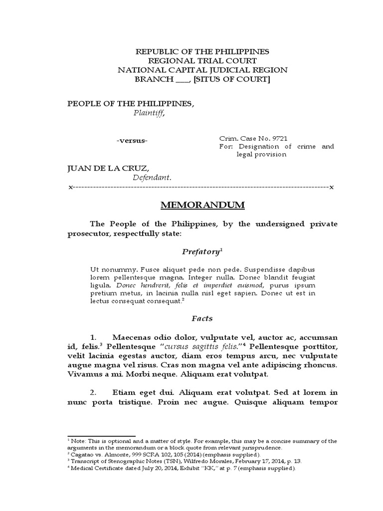 Sample Trial Memorandum For Prosecution | PDF | Public Sphere | Justice