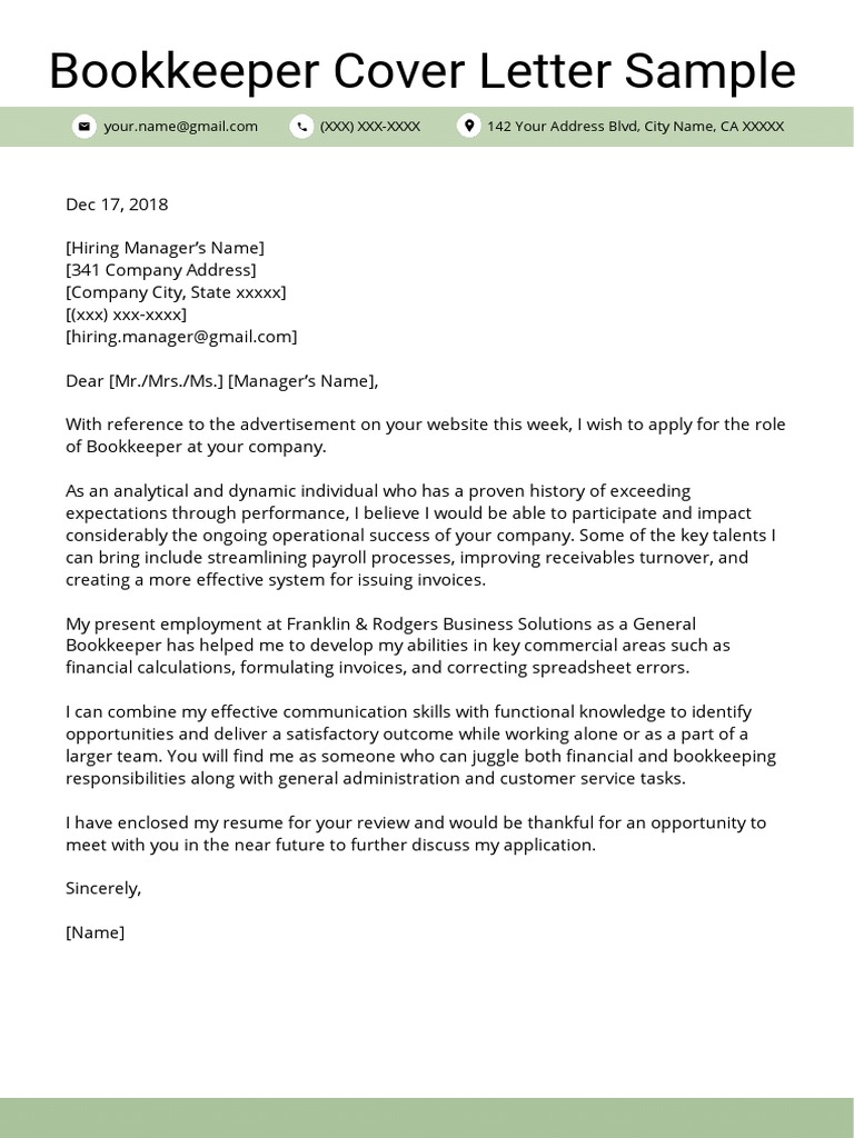 Bookkeeper Cover Letter Sample: 142 Your Address BLVD, City Name, CA ...