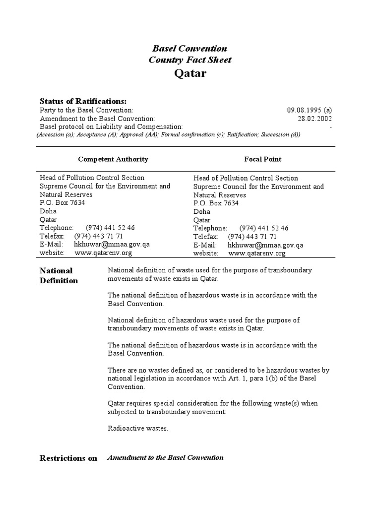 Qatar Basel Convention Compliance Overview | PDF | Waste Management ...