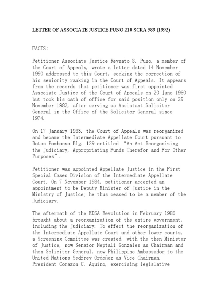 Letter of Associate Justice Puno 210 Scra 589 | PDF | Executive Order ...