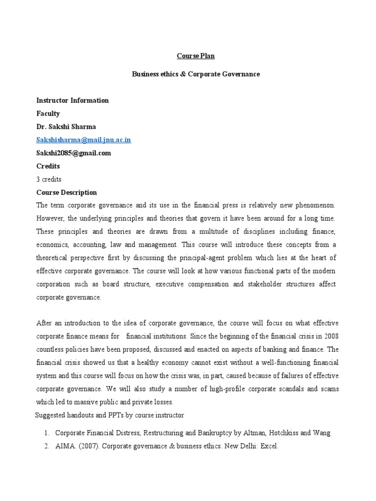 Course Plan Business Ethics & Corporate Governance: Sakshisharma@mail ...
