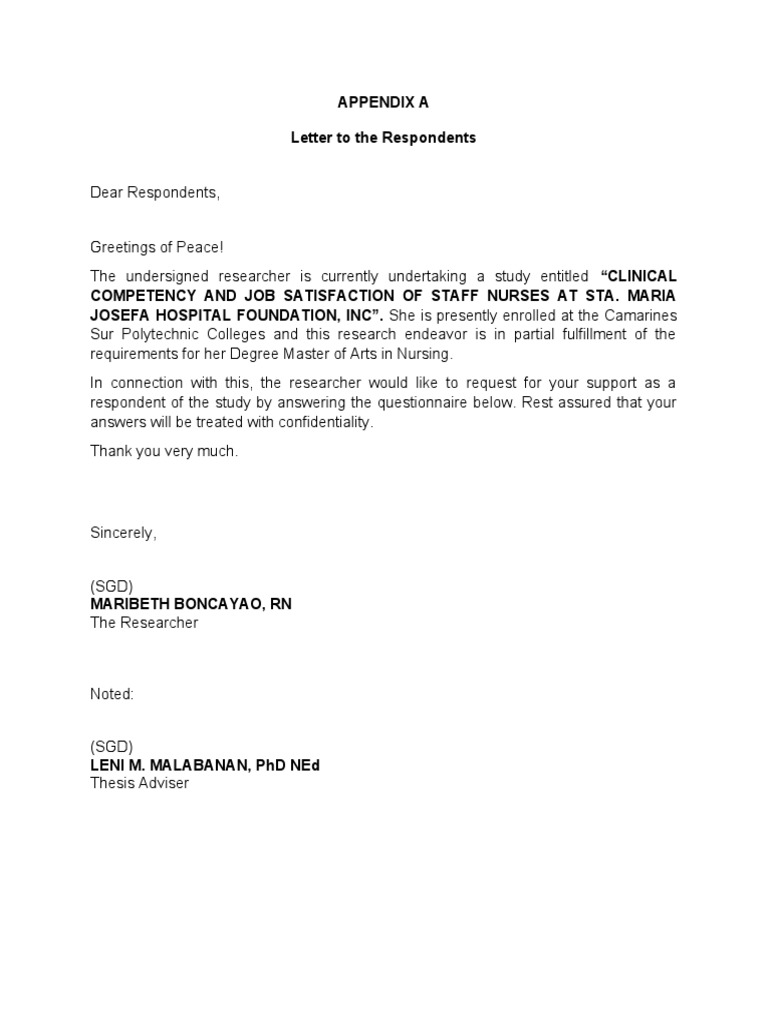 Appendix A Letter To The Respondents | PDF | Nursing | Competence ...