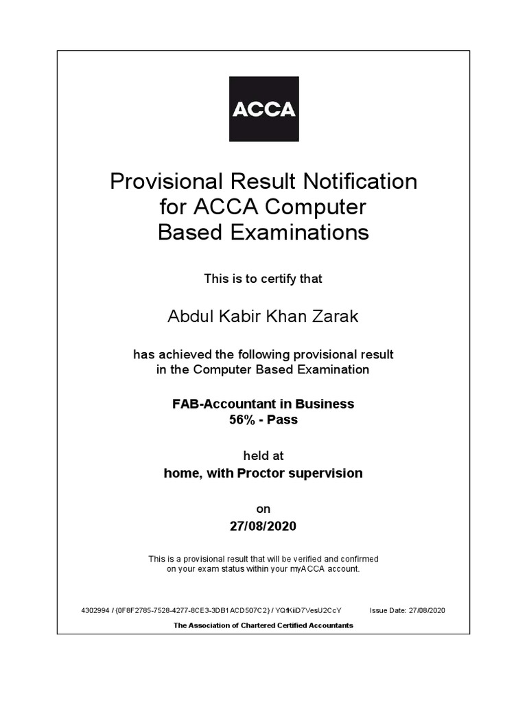 Provisional Result Notification For ACCA Computer Based Examinations | PDF