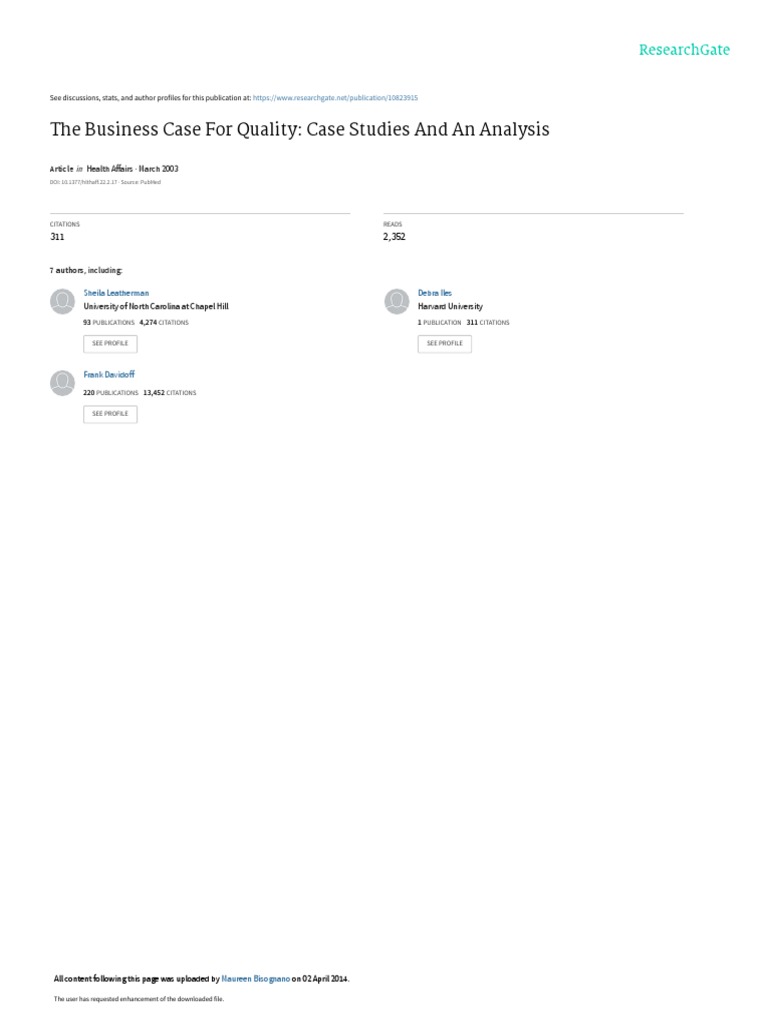 The Business Case For Quality: Case Studies and An Analysis: Health ...