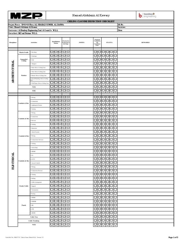 Ceiling Closure Checklist | PDF | Ceiling | Electrical Wiring