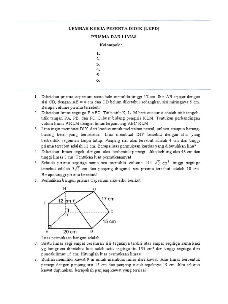 Soal Dan Jawaban LKPD Prisma Dan Limas | PDF | Metode & Bahan Ajar | Seni