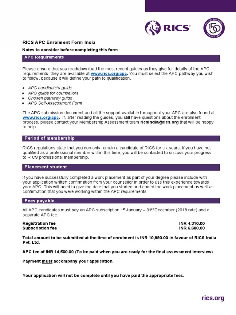 RICS APC Enrolment Form India | Download Free PDF | Government | Business