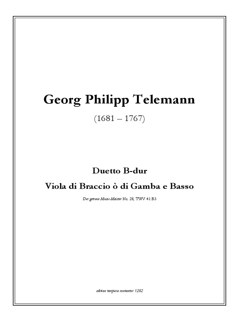 Georg Philipp Telemann: Duetto B-Dur Viola Di Braccio Ò Di Gamba e ...