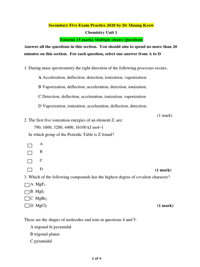 Secondary 5 Chemistry Exam Practice | PDF | Ion | Mass Spectrometry