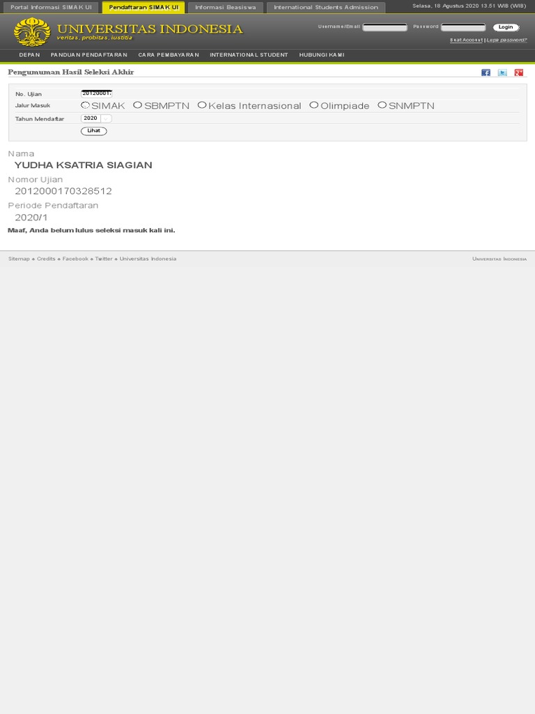 Penerimaan UI - Pengumuman Hasil Seleksi Akhir PDF | PDF