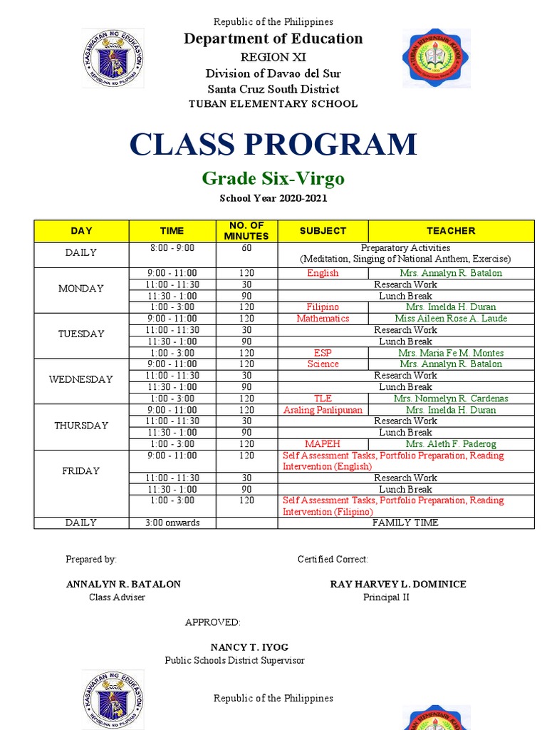 Class Program: Grade Six-Virgo | PDF | Behavior Modification | Learning