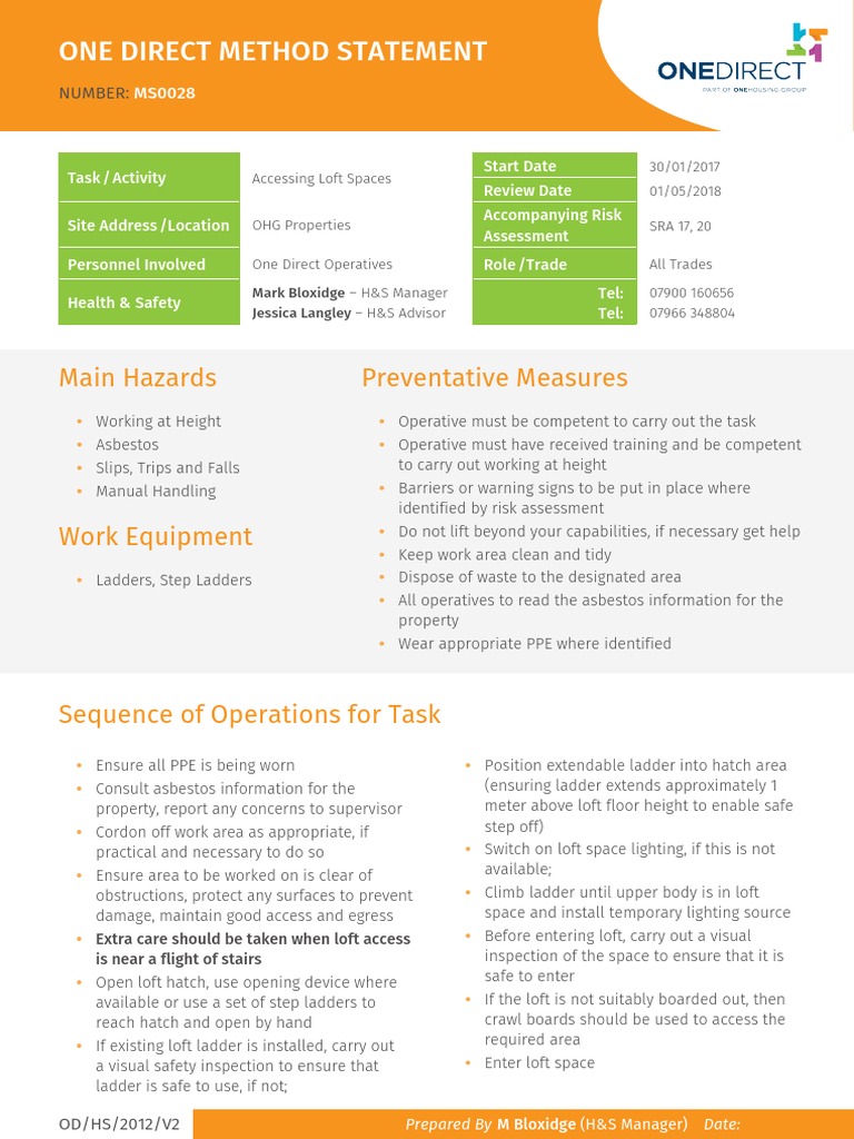 Accessing Loft Spaces Method Statement PDF | PDF | Personal Protective ...