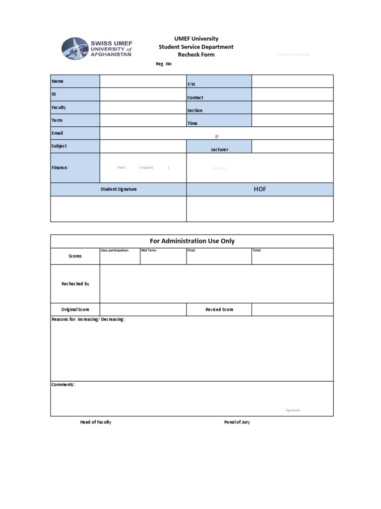 UMEF University Student Service Department Recheck Form: Reg. No | PDF