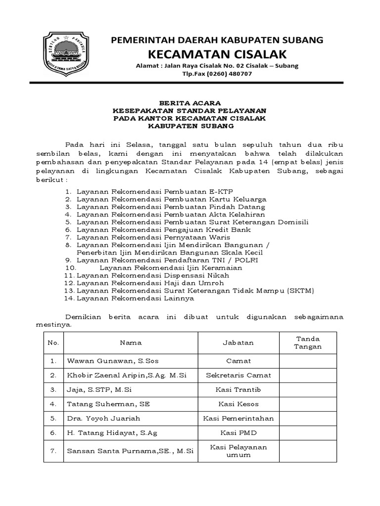 Berita Acara Standar Pelayanan Kecamatan Purwadadi | PDF