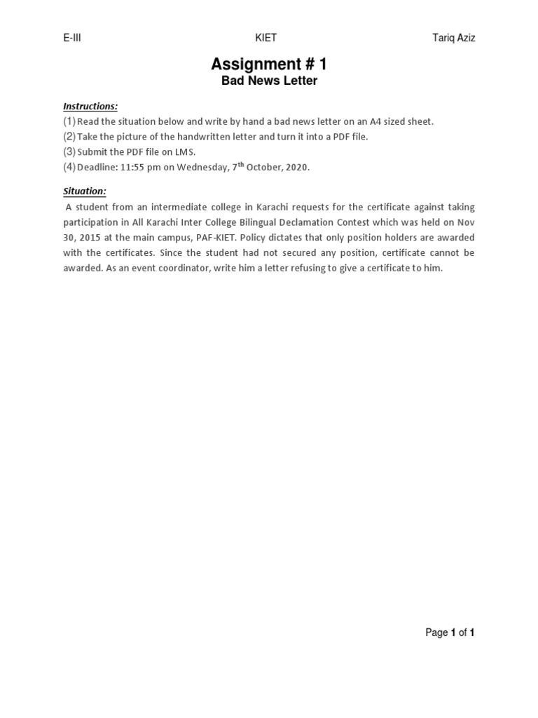 Bad News Letter Assignment Guidelines | PDF