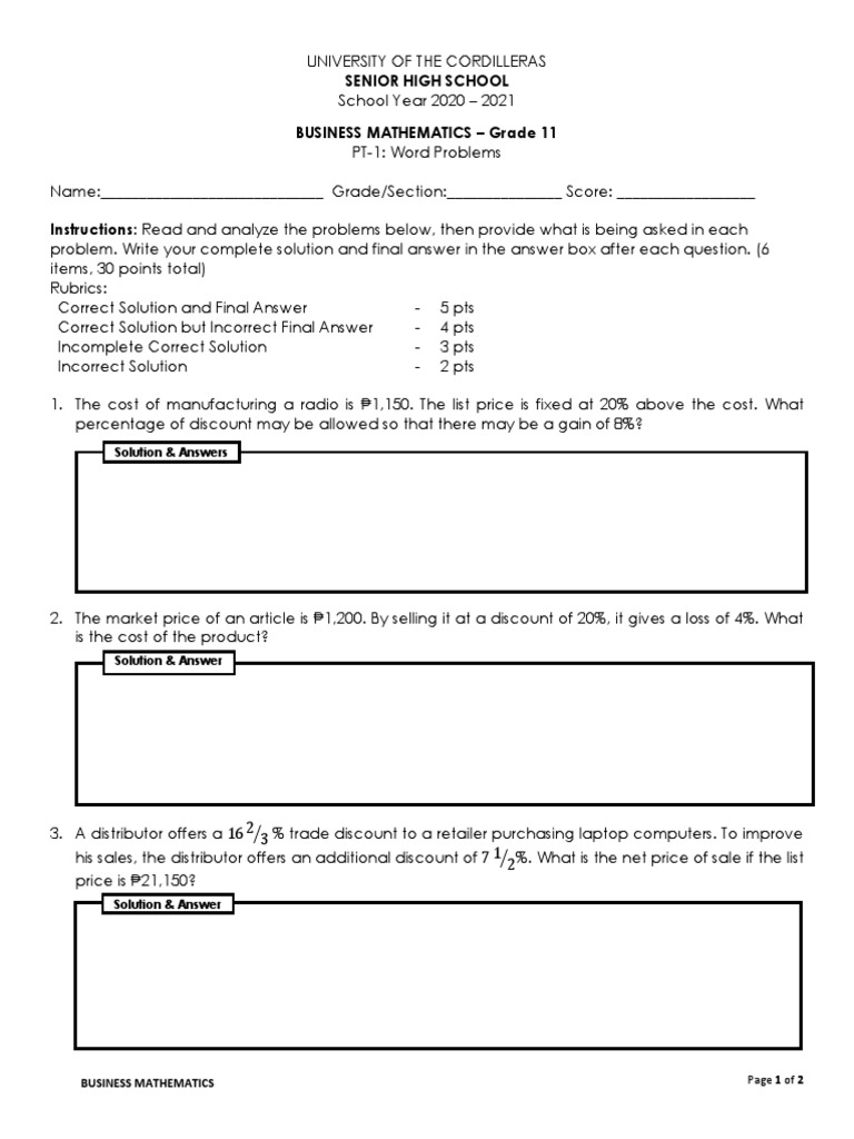Senior High School Business Mathematics - Grade 11: Solution & Answers | PDF | List Price | Interest