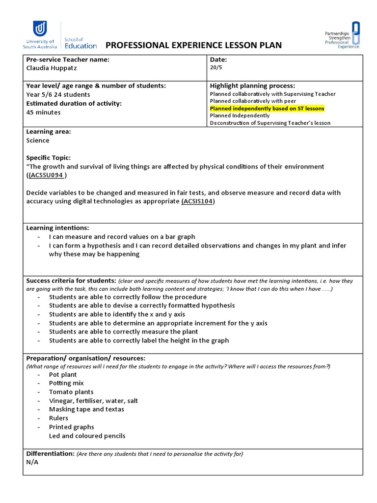 Professional Experience Lesson Plan: Planned Independently Based On ST ...
