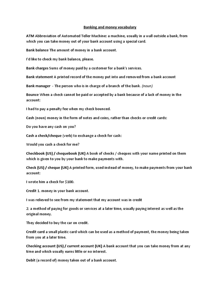 Banking and Money Vocabulary | PDF | Cheque | Overdraft