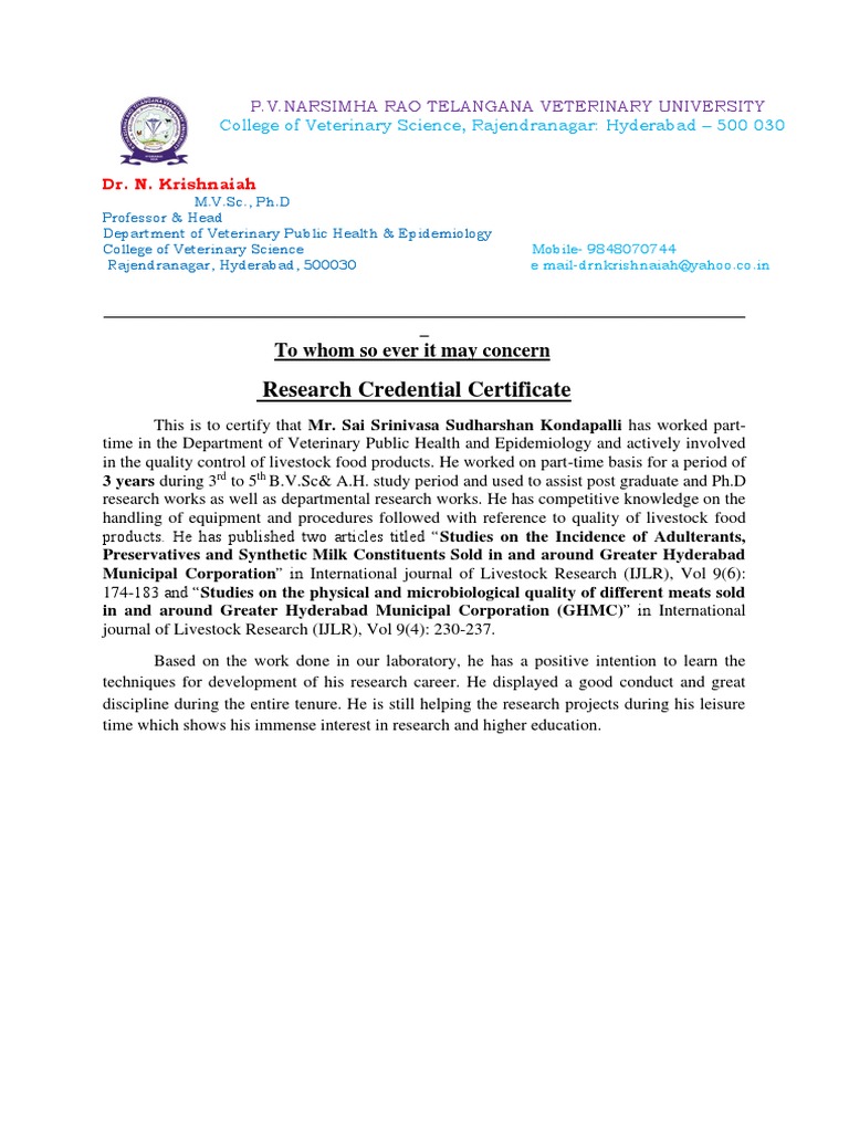 Veterinary Research Experience Certificate | PDF | Self-Improvement ...