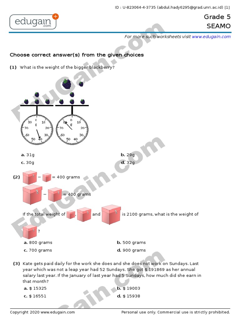 Grade 5 Seamo: Choose Correct Answer(s) From The Given Choices | PDF ...
