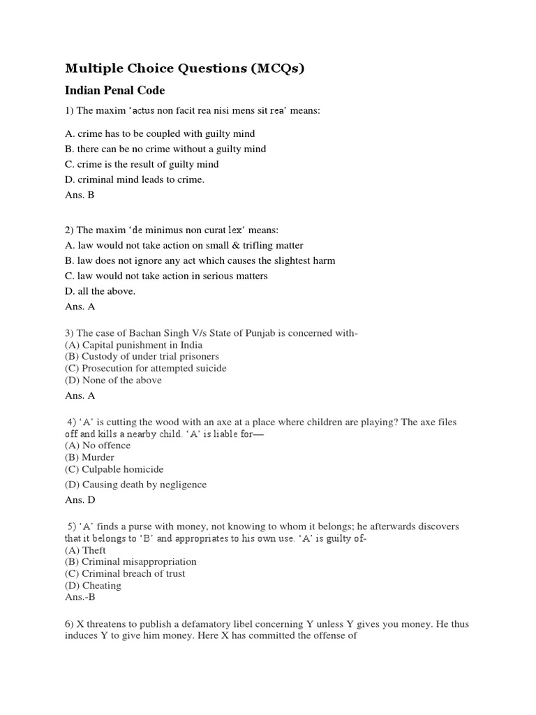 Multiple Choice Questions (MCQS) : Indian Penal Code | PDF | Cybercrime ...