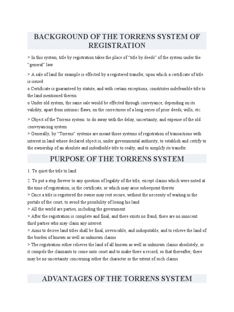 Background of The Torrens System of Registration | PDF | Conveyancing ...