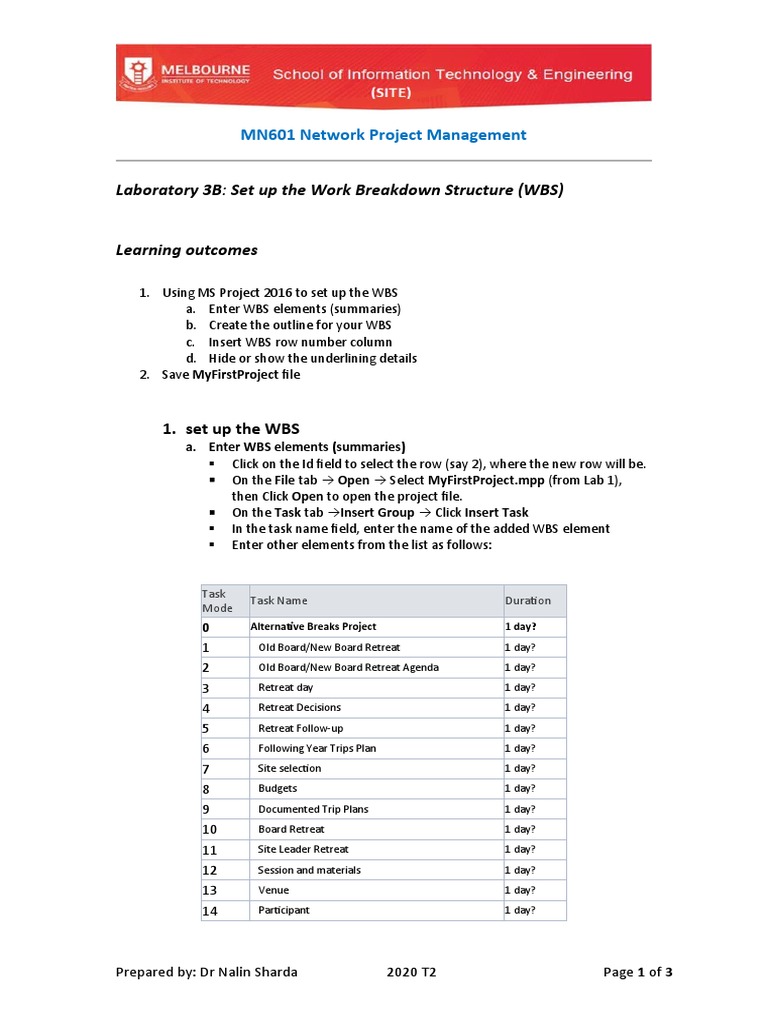 Laboratory 3B: Set Up The Work Breakdown Structure (WBS) : MN601 ...
