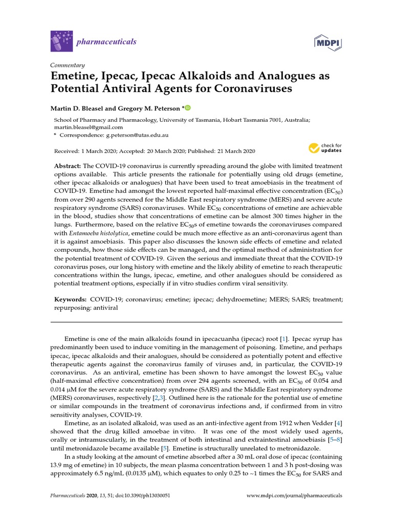 Emetine, Ipecac, Ipecac Alkaloids and Analogues As Potential Antiviral ...