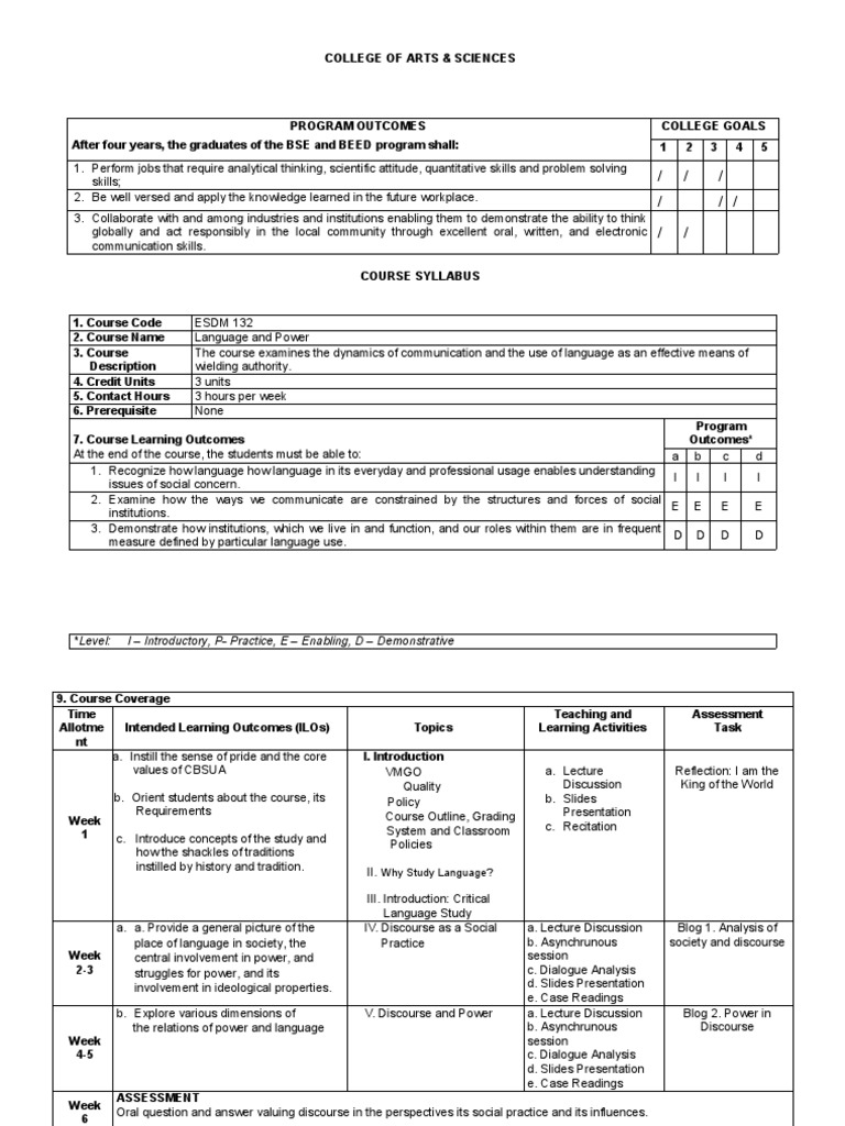 College Arts & Sciences Program Outcomes Language Power | PDF | Lecture ...