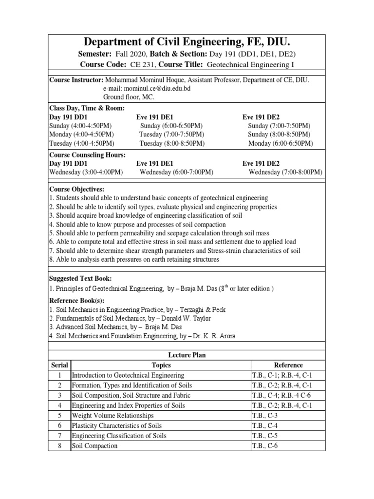 Course Outline - CE231 - Fall 2020 | PDF | Soil Mechanics ...