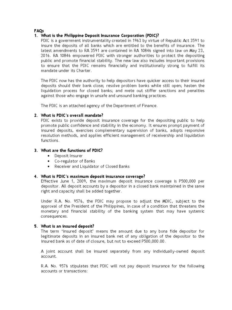 Faqs 1. What Is The Philippine Deposit Insurance Corporation (PDIC ...