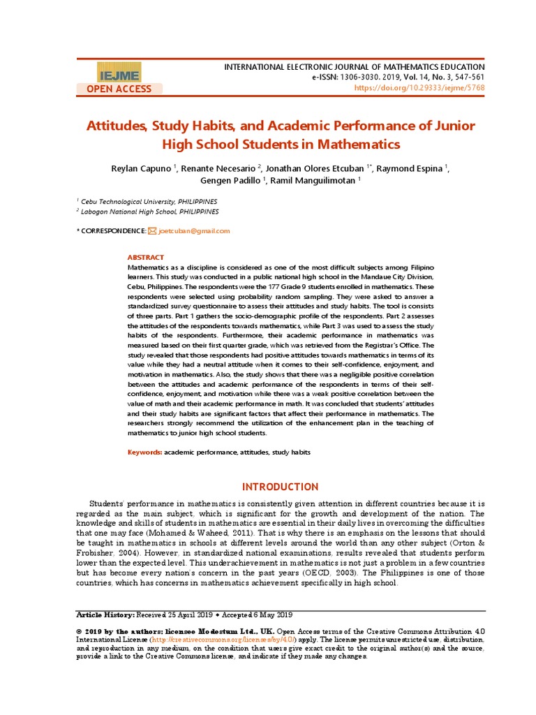 Attitudes Study Habits and Academic Performance of Junior High School ...