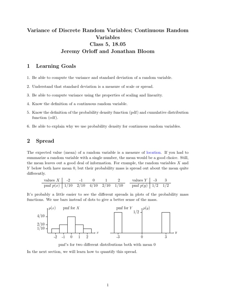 Variance of Discrete Random Variables Continuous Random Variables Class ...